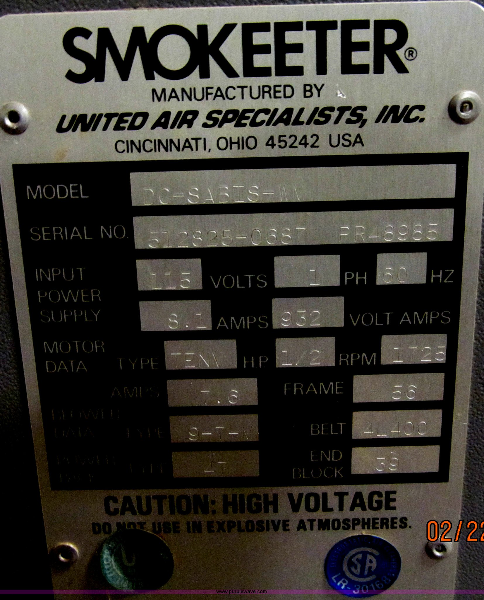 Smokeeter DC-SABIS-WM air cleaner in Des Moines, IA | Item A8109 sold ...