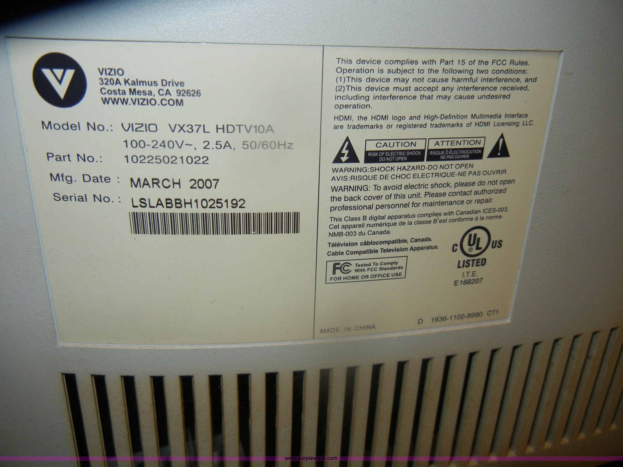2007 Vizio 37" LCD television in Spring Hill, KS | Item V9826 sold ...