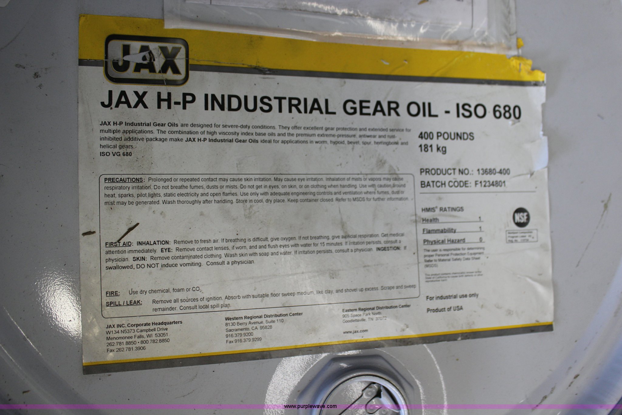 Jax H-P industrial gear oil in Olathe, KS | Item AJ9558 sold | Purple Wave