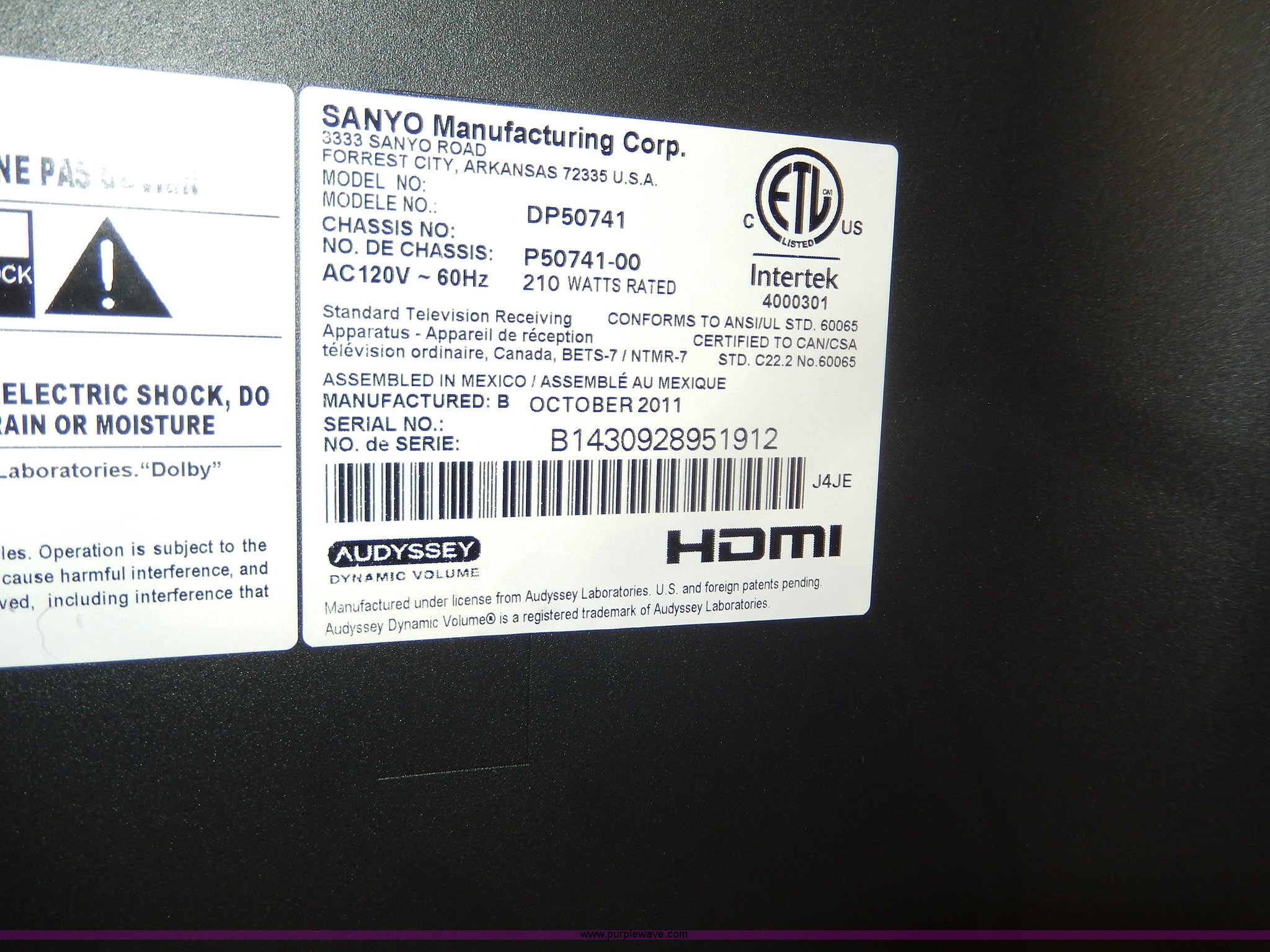 Sanyo DP50741 50" television in Manhattan, KS | Item AT9340 sold ...