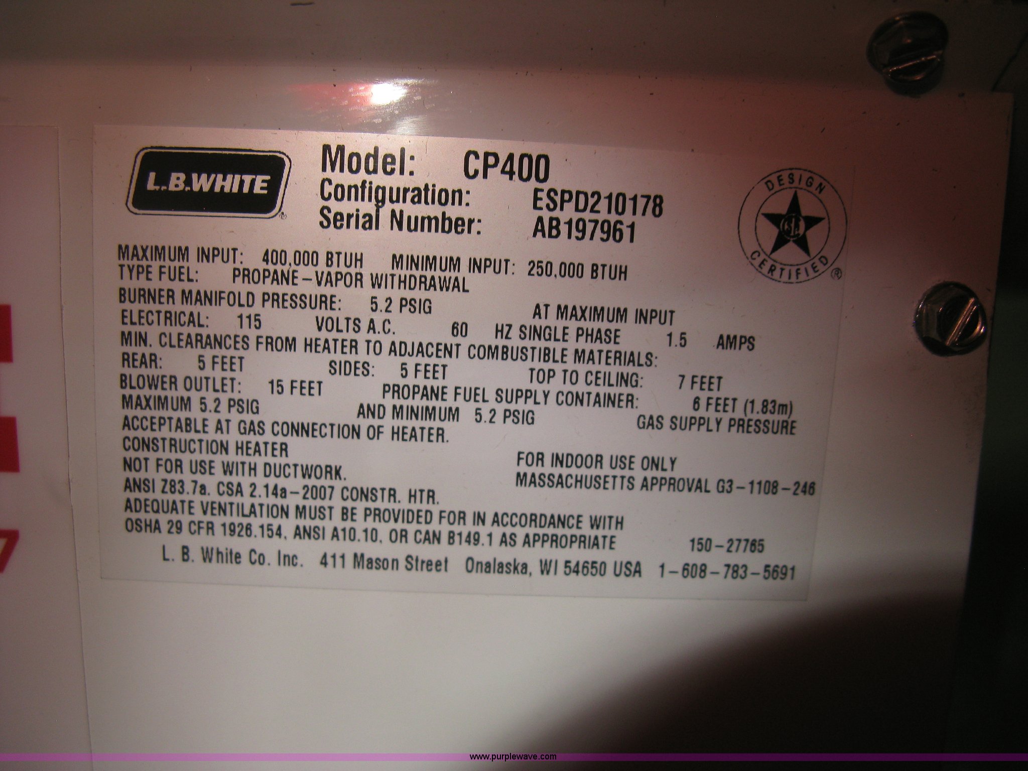 LB White Tradesman CP400 heater in Wichita, KS | Item BP9677 sold ...