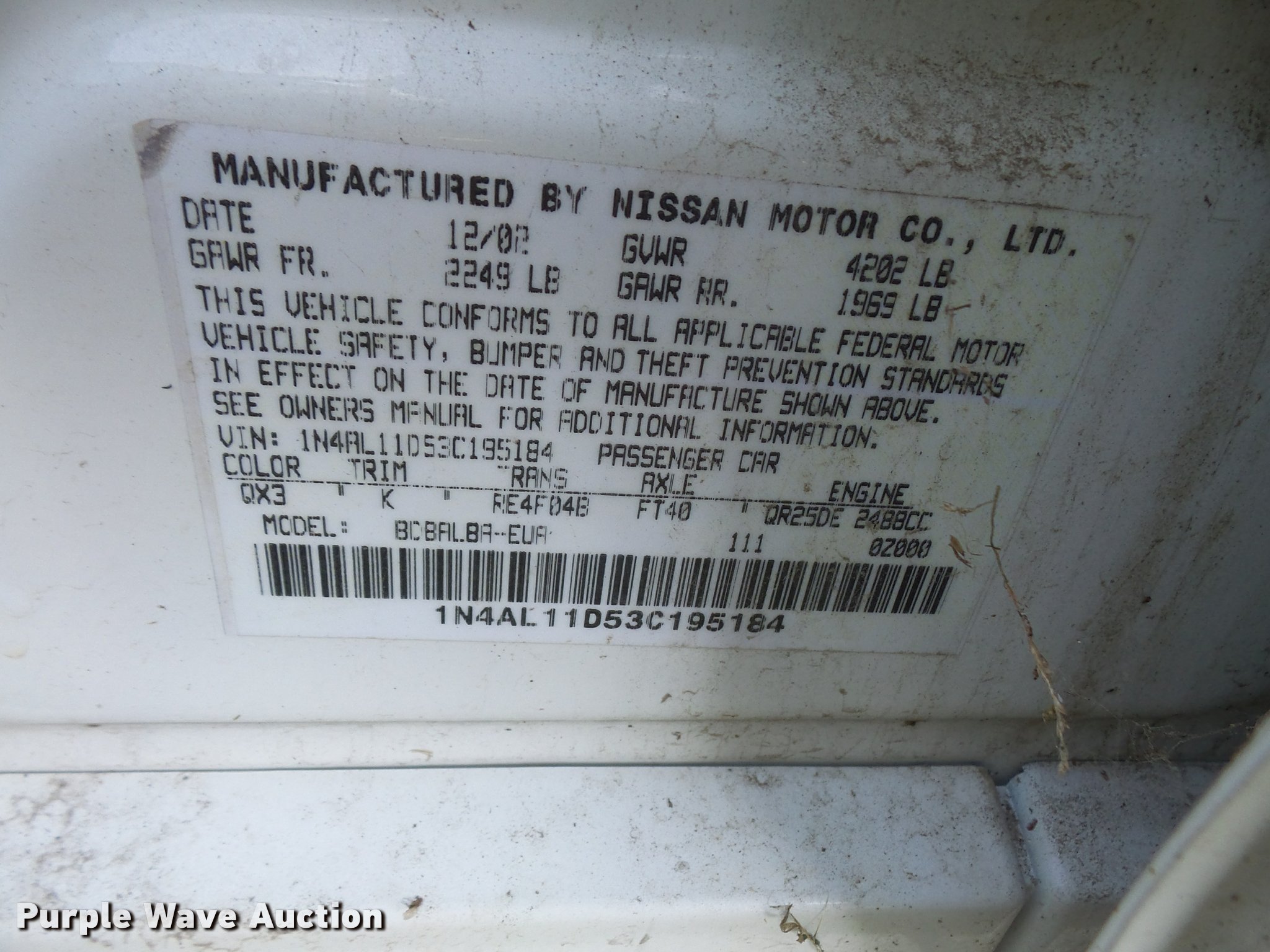 2003 Nissan Altima in Mound City, MO | Item DA3947 sold | Purple Wave