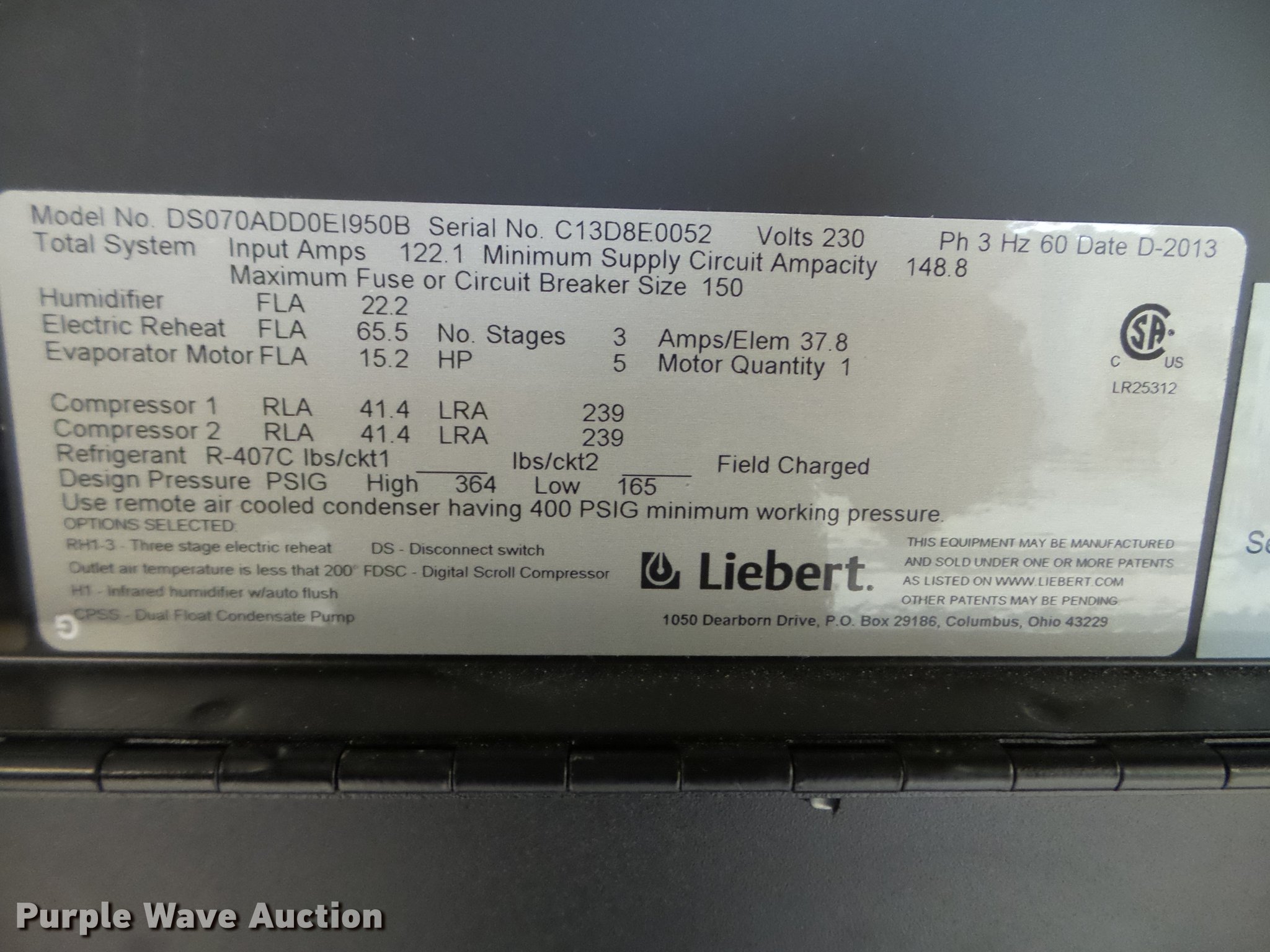 2013 Liebert DS070ADD0E1950B data center precision cooling HVAC system ...