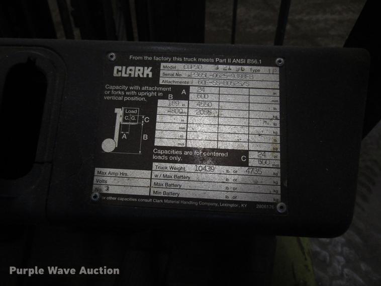 1996 Clark CGP30 forklift in Linwood, MI | Item DF8000 sold | Purple Wave