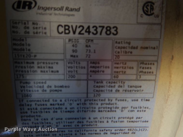 Ingersoll Rand 15TE20-P air compressor in Kansas City, KS | Item GJ9963 ...