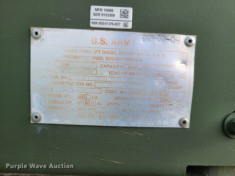 U.S. Army M4K forklift in Kearney, MO | Item EZ9131 sold | Purple Wave