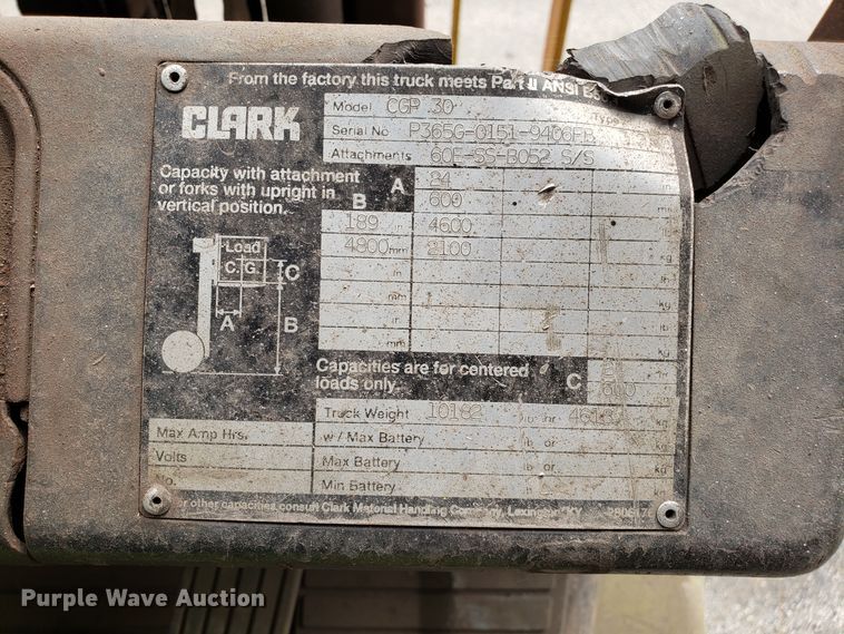 Clark CGP30 forklift in Kansas City, MO | Item IC9945 sold | Purple Wave