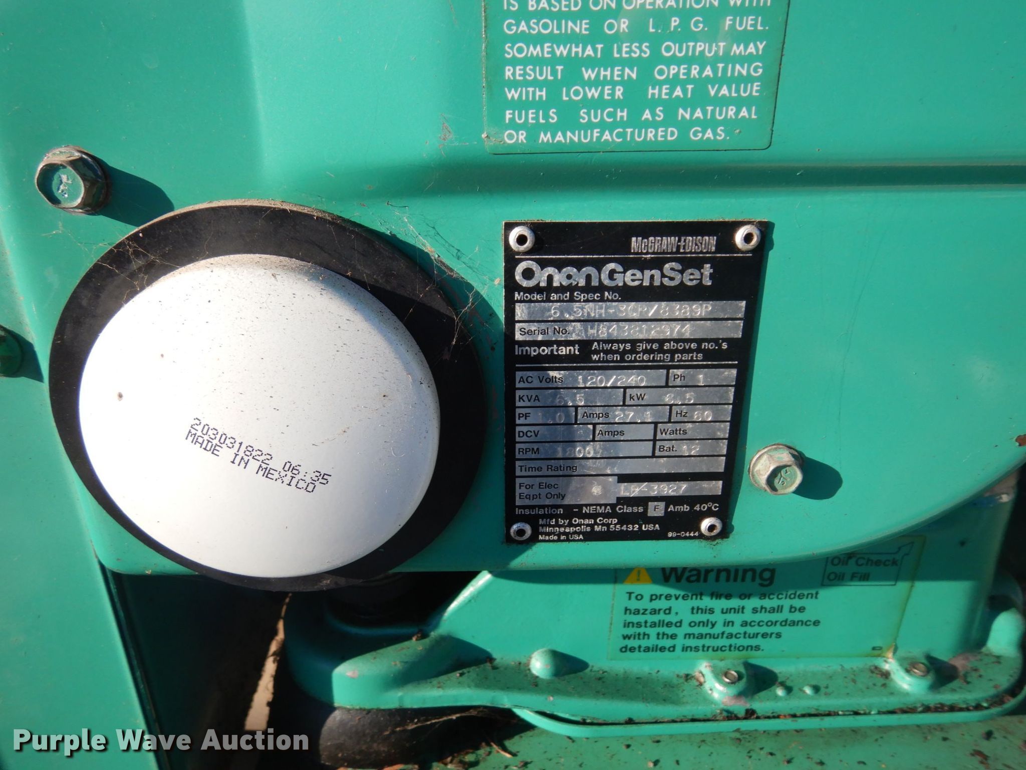 Onan 6.5NH-3CR generator in Minneapolis, MN | Item AF9422 sold | Purple Wave