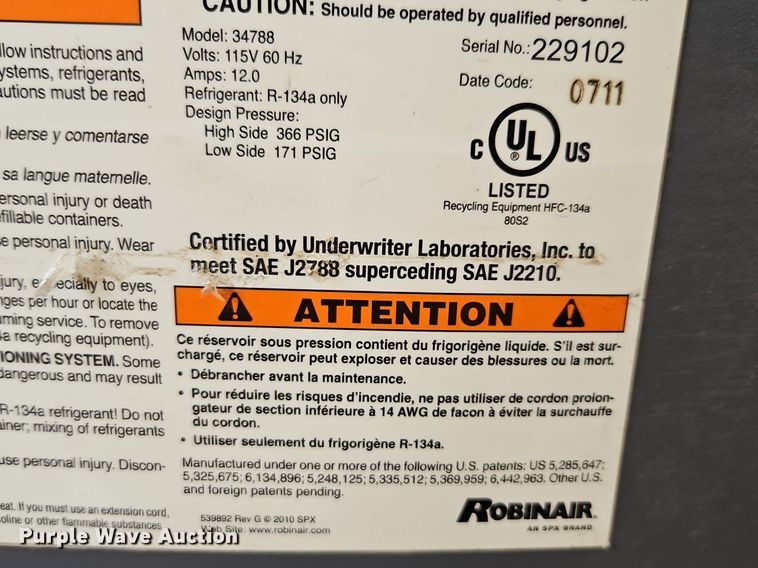 Robinair Cooltech 34788 refrigerant recovery recycling machine in ...