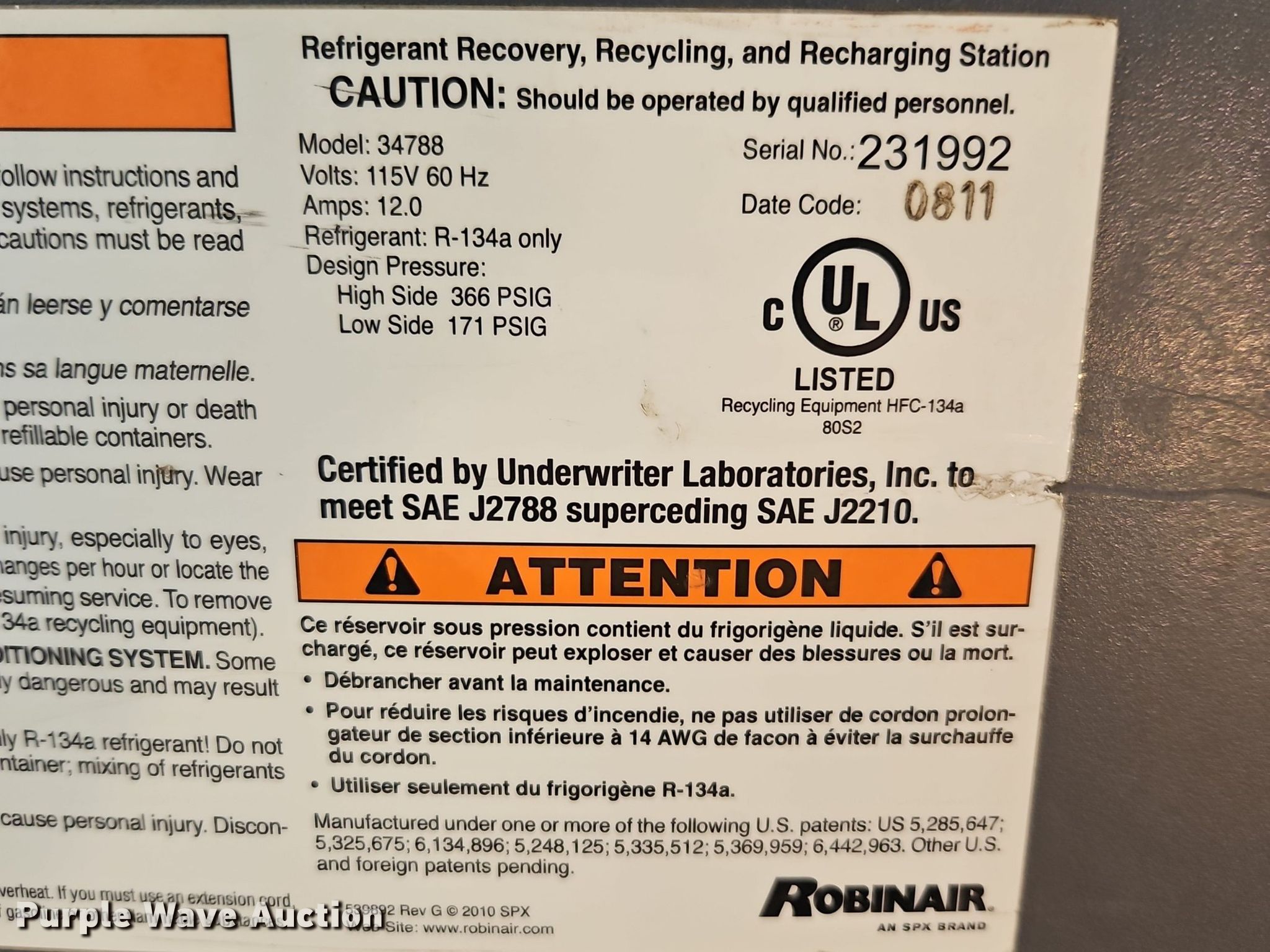 Robinair Cooltech 34788 refrigerant recovery recycling machine in ...