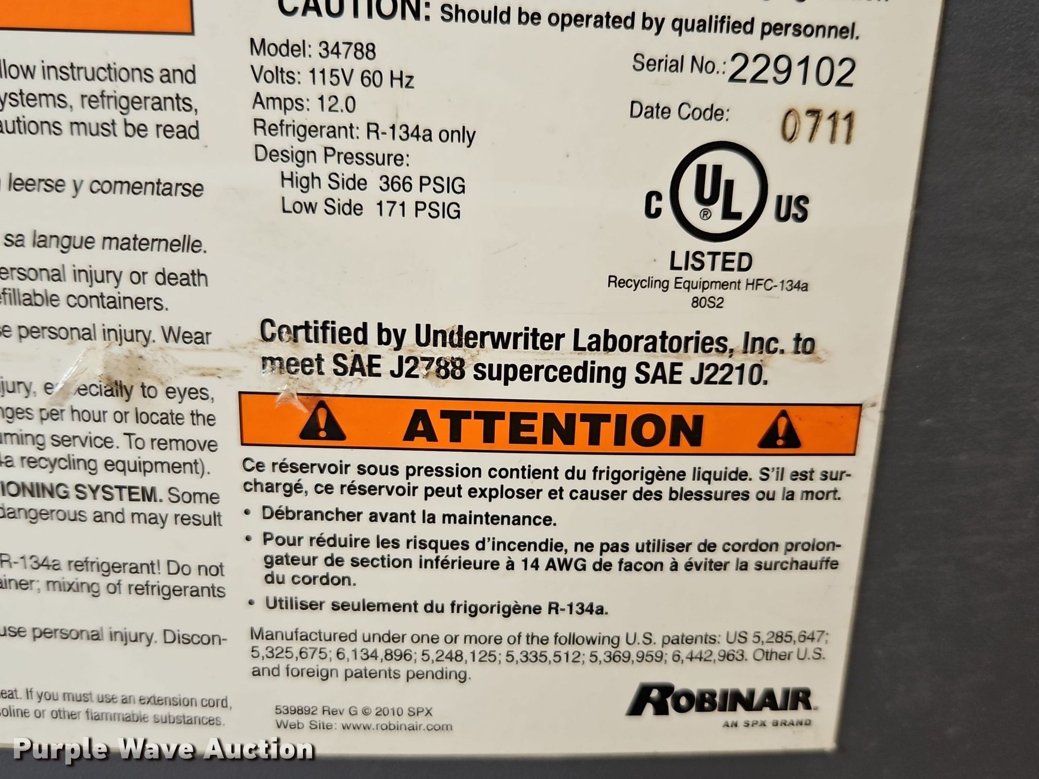 Robinair Cooltech 34788 refrigerant recovery recycling machine in ...