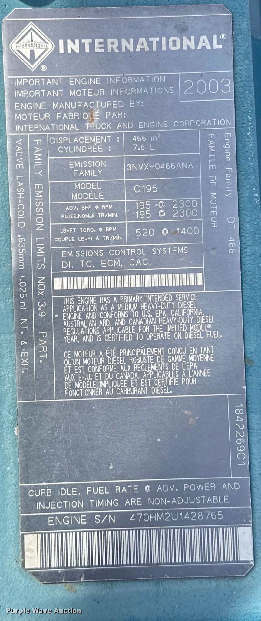 2003 International C195 engine in Talala, OK | Item OM9283 for sale | Purple Wave