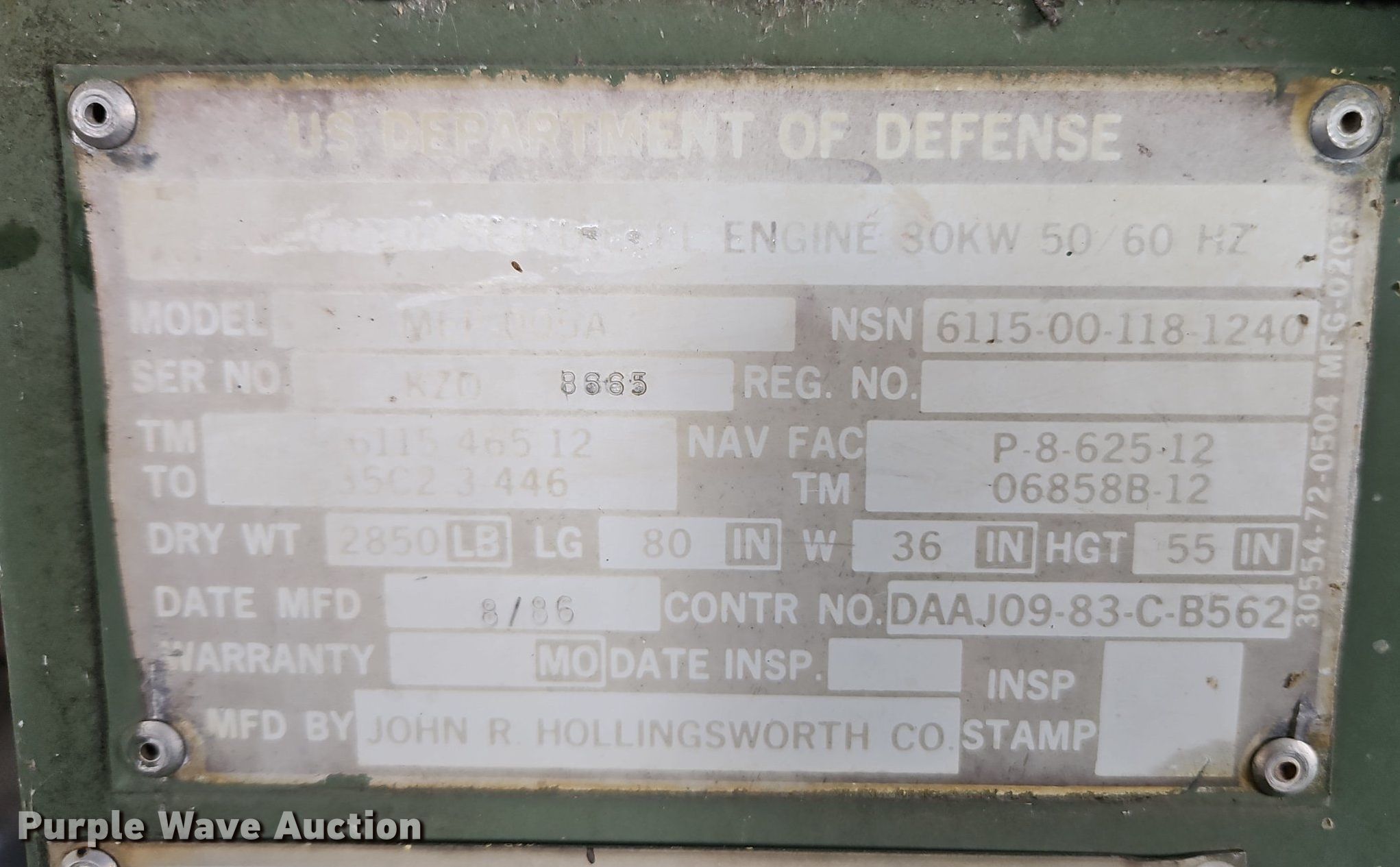 1986 John R. Hollingsworth Co. MEP-005A generator in Fort Scott, KS ...