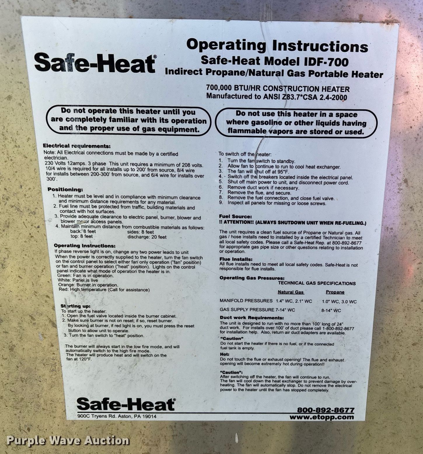 Safe Heat IDF-700 heater in Ewing, IL | Item EM0030 for sale | Purple Wave