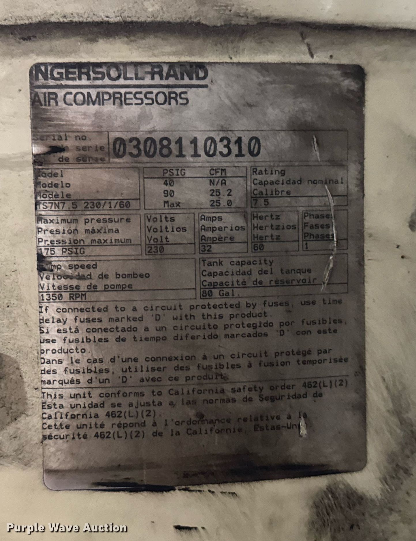 Ingersoll Rand TS7NT7.5 air compressor in Salina, KS | Item LH9472 sold ...