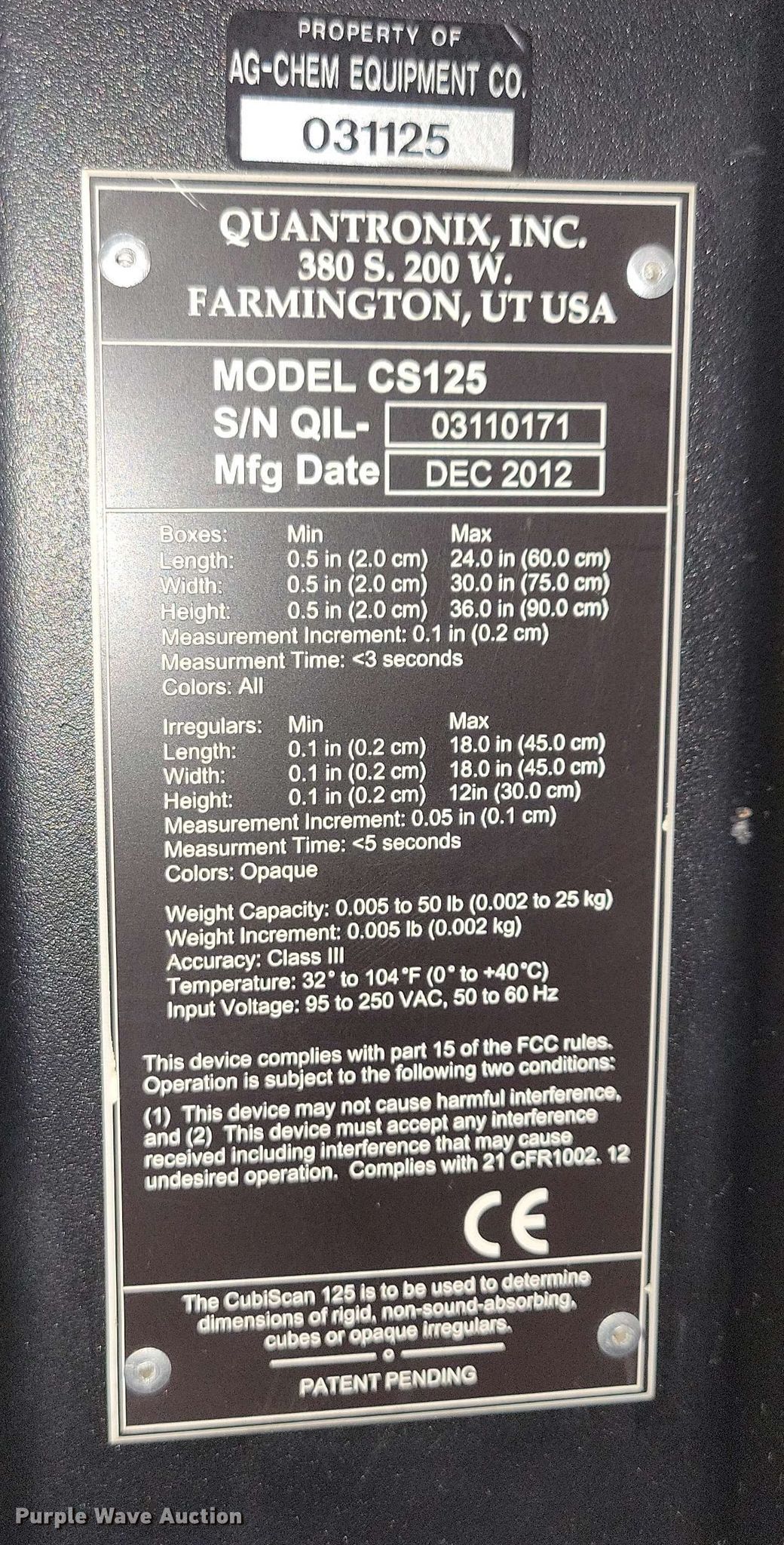 2012 Quantronix Cubiscan CS125 scale in Jackson, MN | Item NV9854 for ...