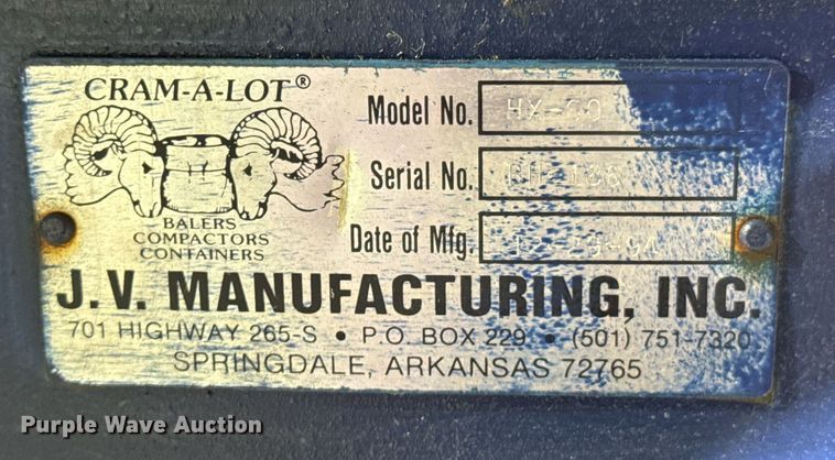 J.V. Manufacturing, Inc. Cram-A-Lot HX-60 horizontal baler in Miami, OK ...
